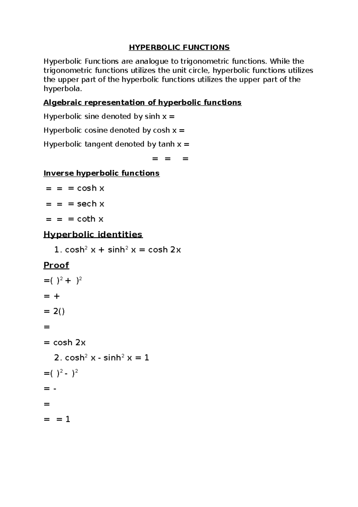 SMA103 ANALYTICAL GEOMETRY - HYPERBOLIC FUNCTIONS Hyperbolic Functions ...