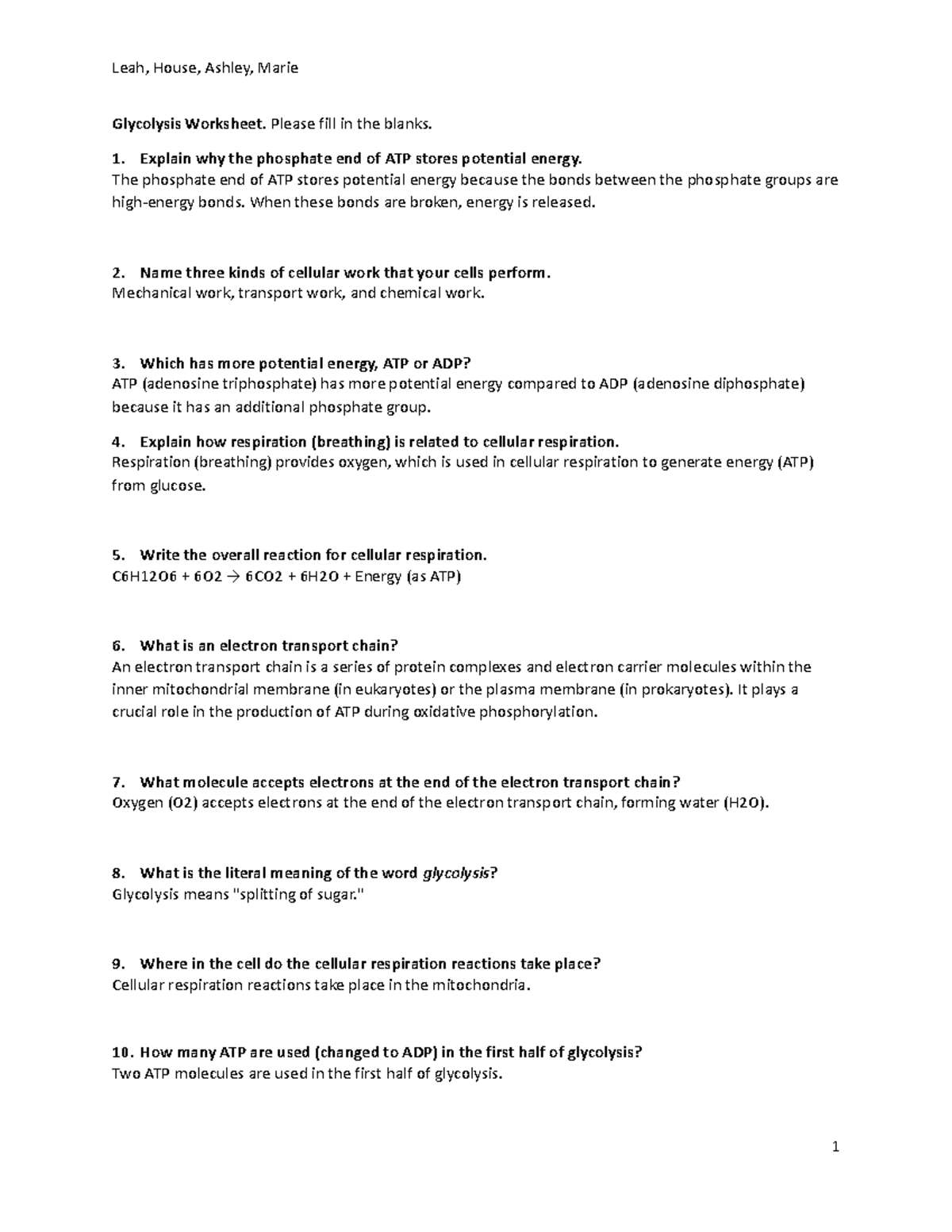 Week 2 Glycolysis Worksheet: Key Concepts and Q&A - Studocu