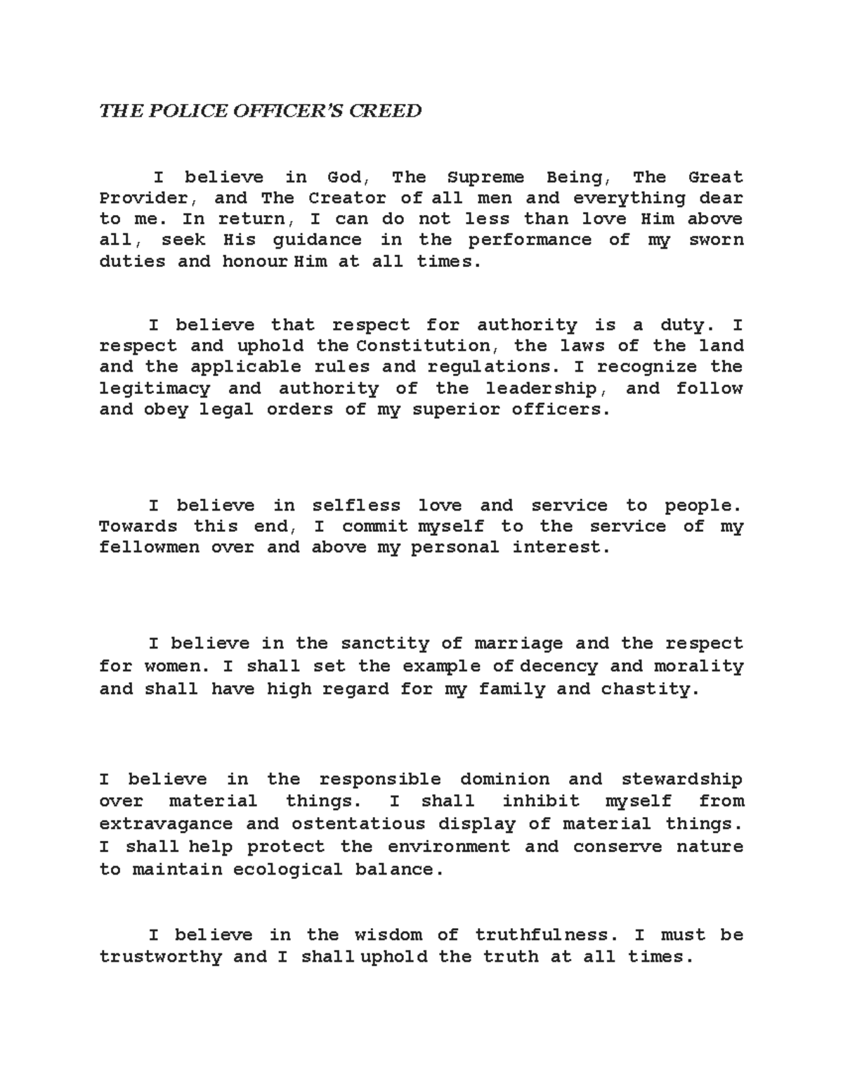 Police Officer's Creed: Principles of Duty and Service - Studocu