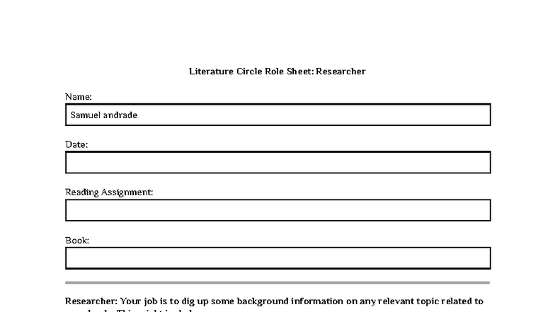 Literature Circle Role Sheet: Researcher (Samuel Andrade) - Studocu