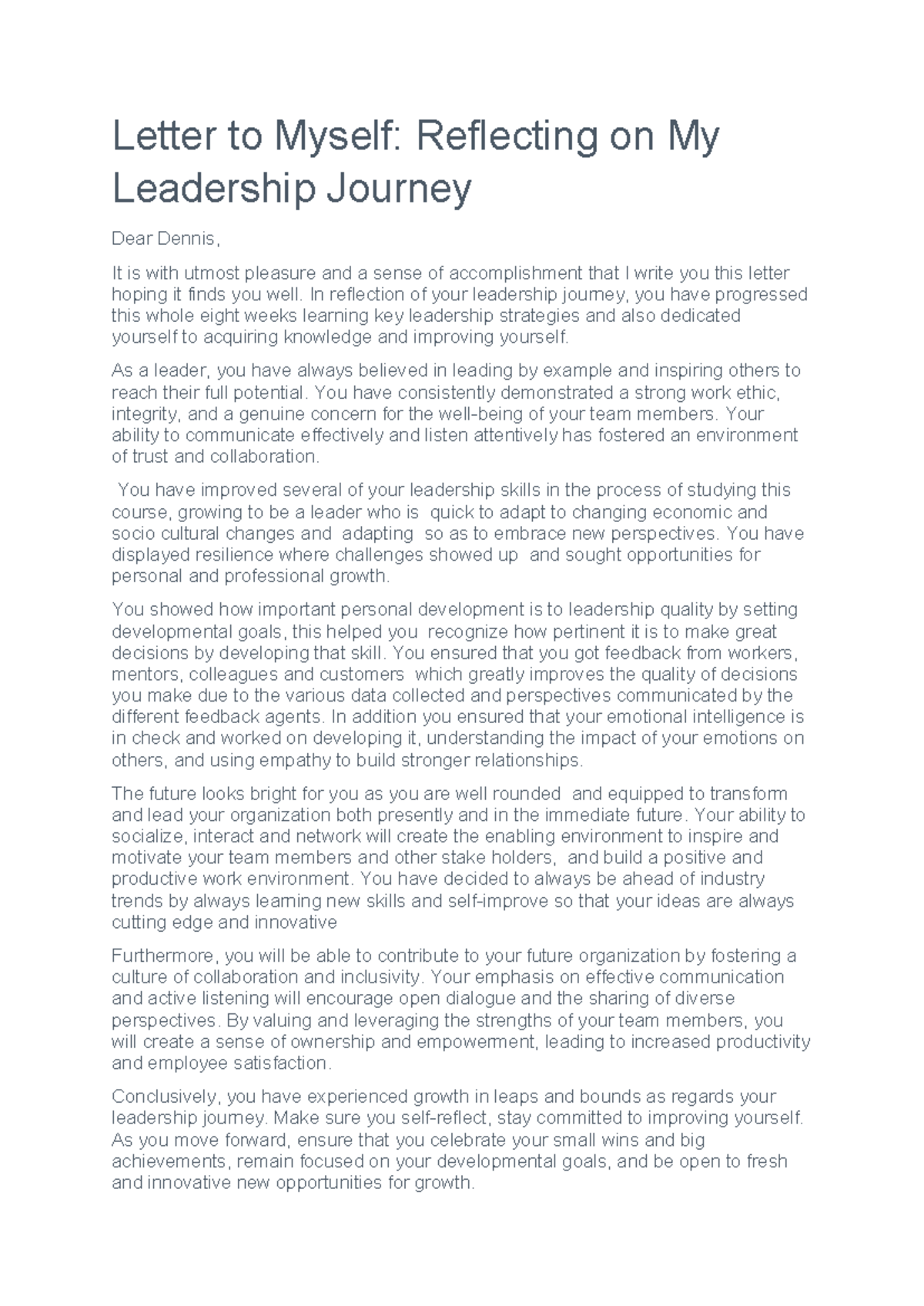 BUS 4405 LJ 8 - Reflecting on My Leadership Growth Journey - Studocu