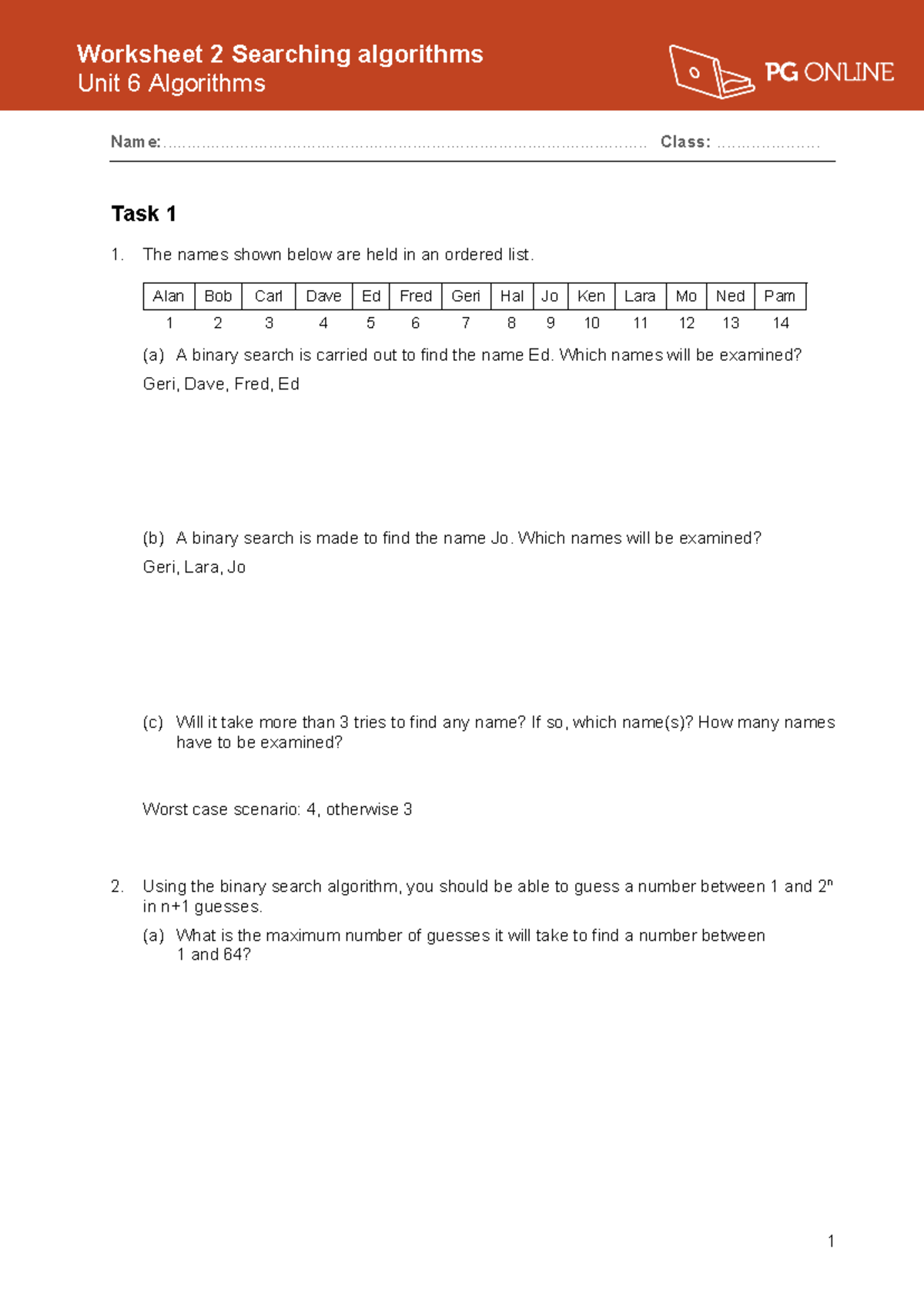 Unit 6 Worksheet 2: Searching Algorithms & Binary Search Techniques ...