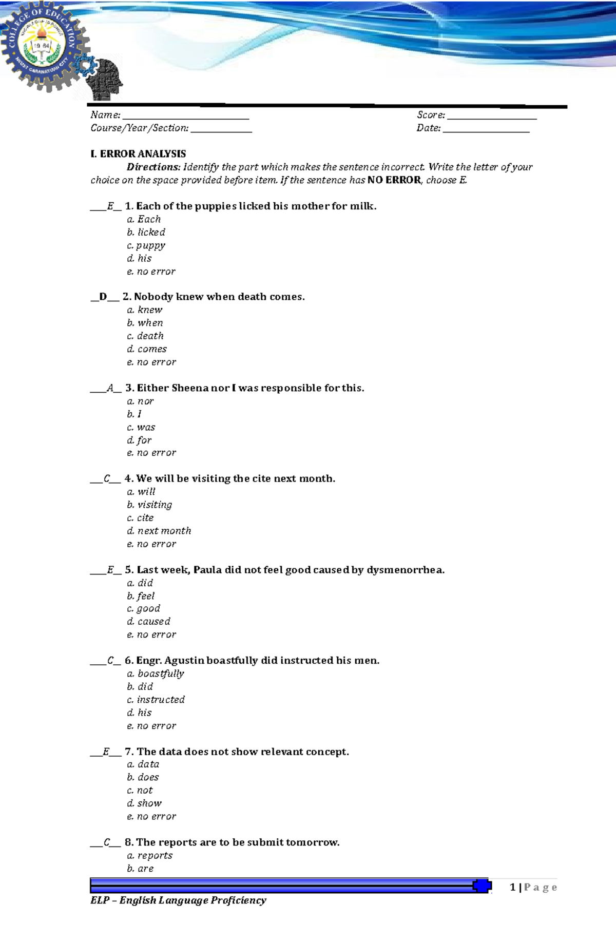 summative test in unit 1 - Name: _______________________________ Score