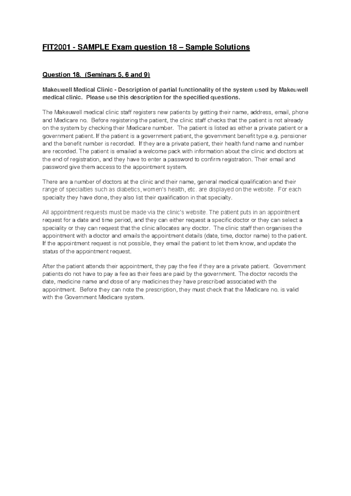 FIT2001 Sample Exam Q18: Makeuwell Medical Clinic Solutions - Studocu