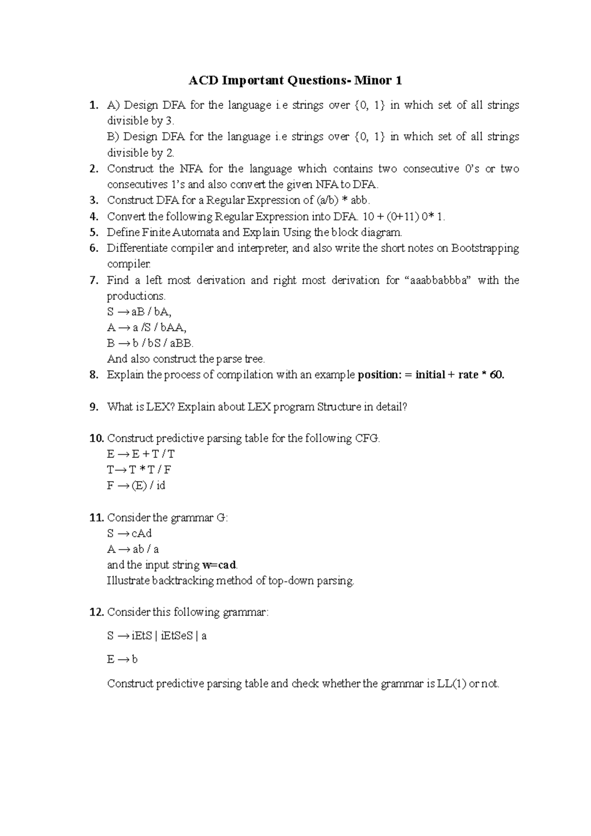 ACD Important Questions for Minor 1 Exam on DFA and Parsing - Studocu