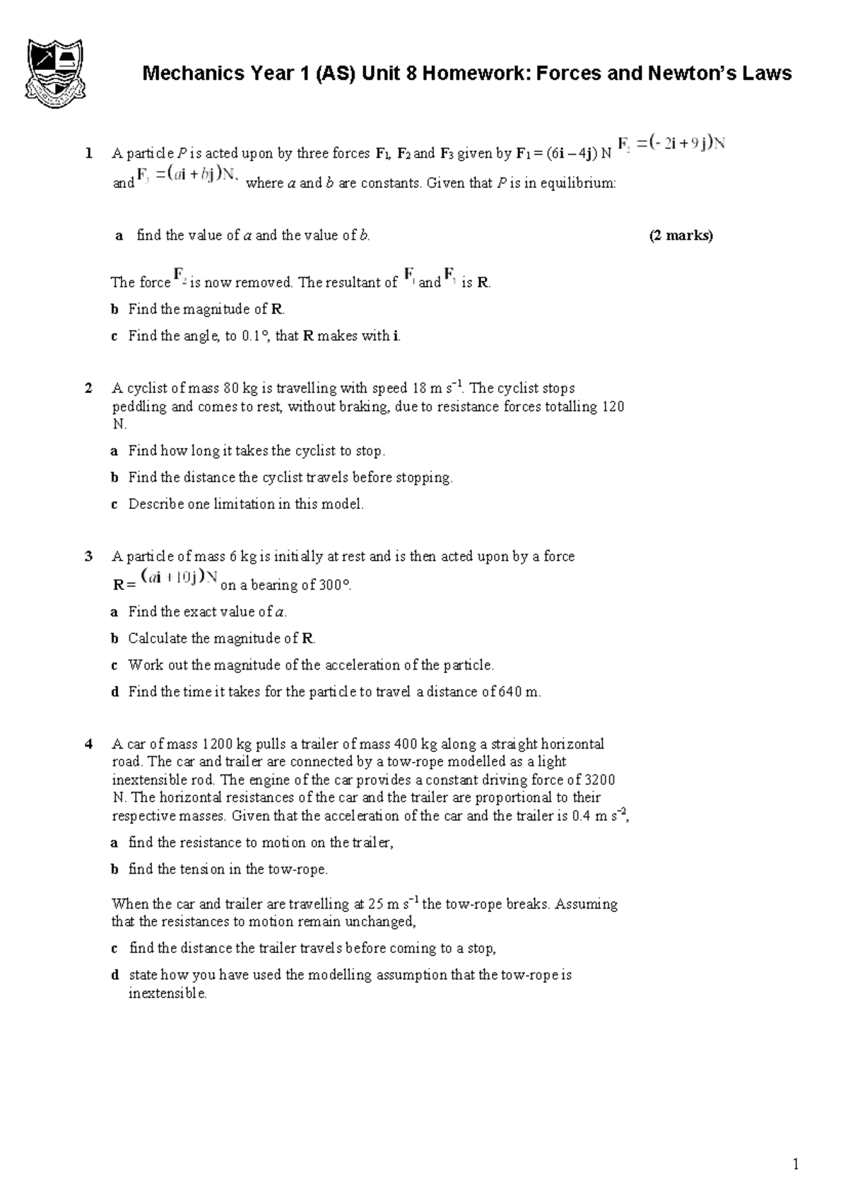 AS Maths Mechanics Unit 8 Homework: Forces & Newton's Laws Analysis - Studocu
