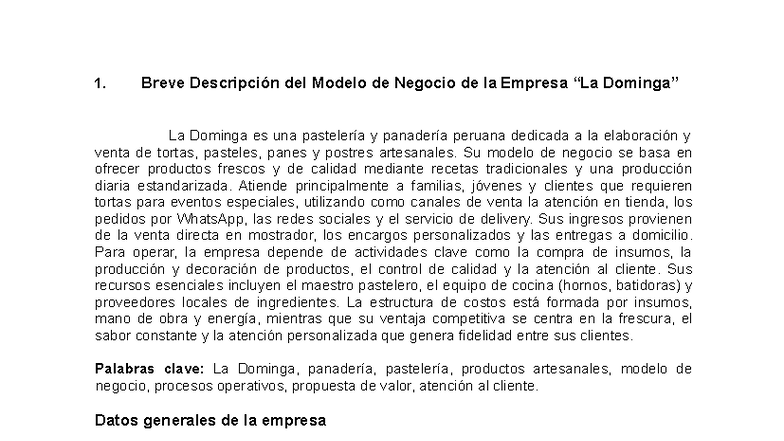 Modelo de Negocio de La Dominga: Pastelería y Panadería en Perú - Studocu