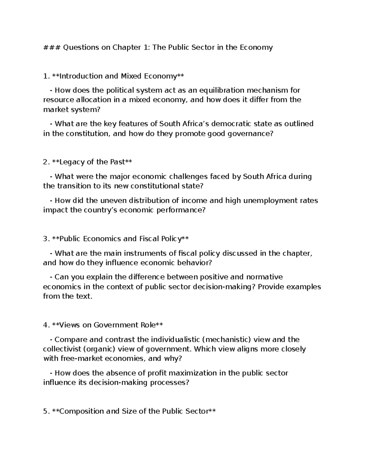 Chapter 1 Questions: The Public Sector & Mixed Economy Insights - Studocu