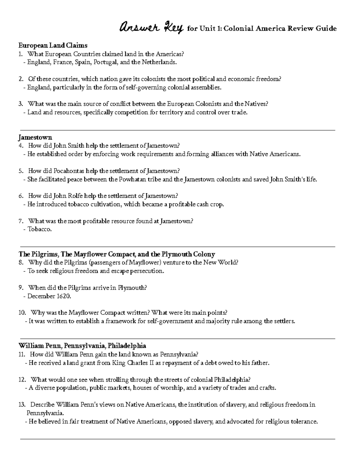 Colonial America Study Guide: Key Concepts & Review Answers - Studocu