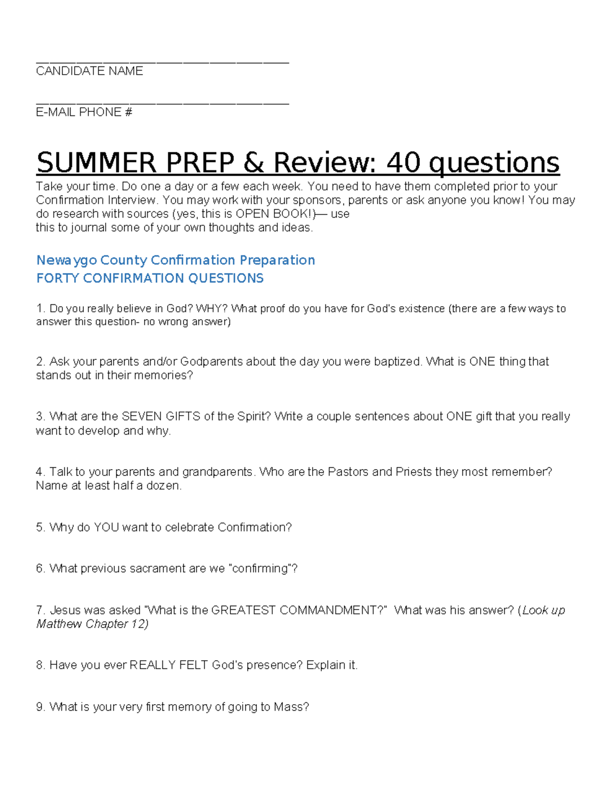 40 Questions for Confirmation Preparation - Jesus Work - Studocu
