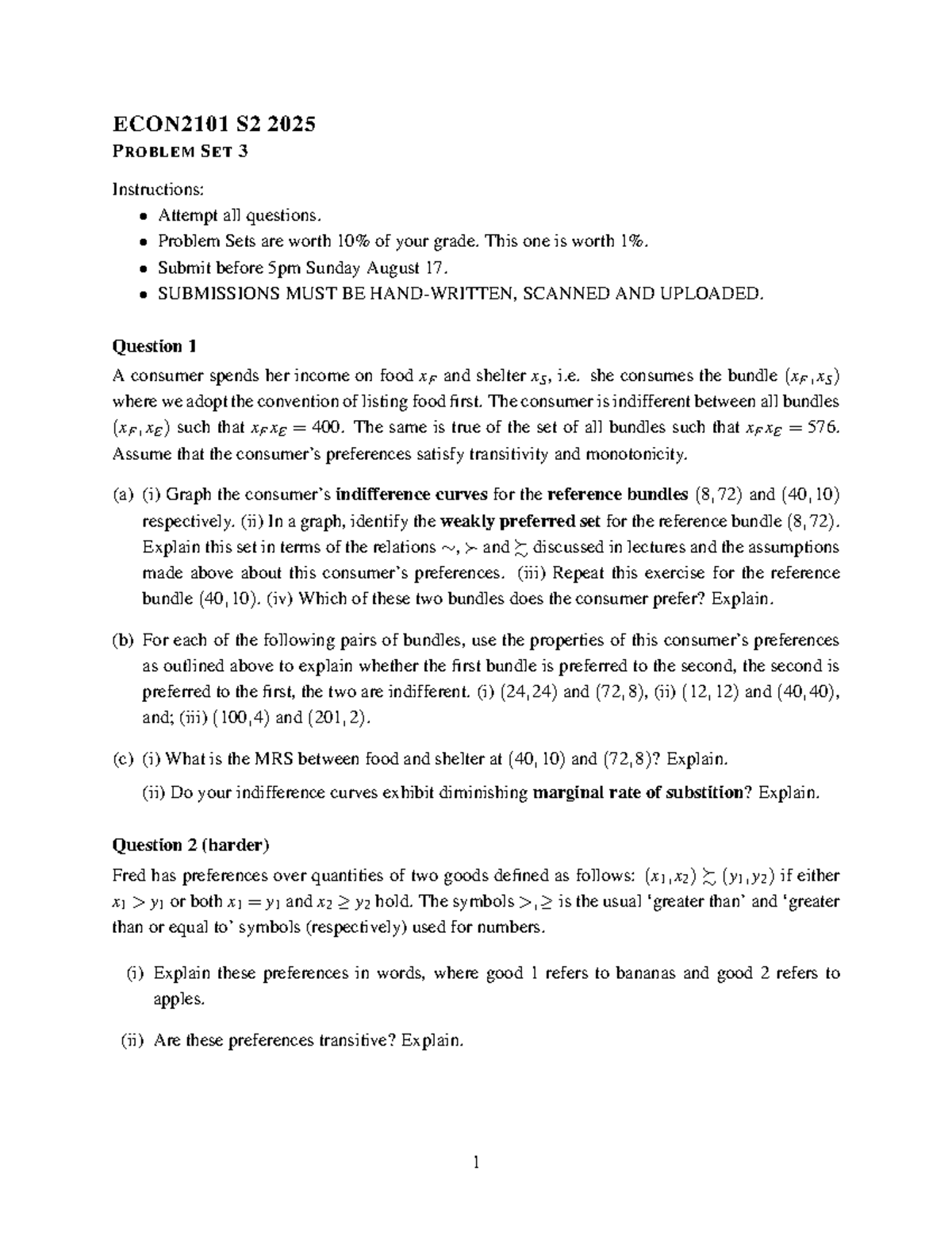 PS3 Questions for ECON2101 S2 2025: Problem Set 3 Analysis - Studocu