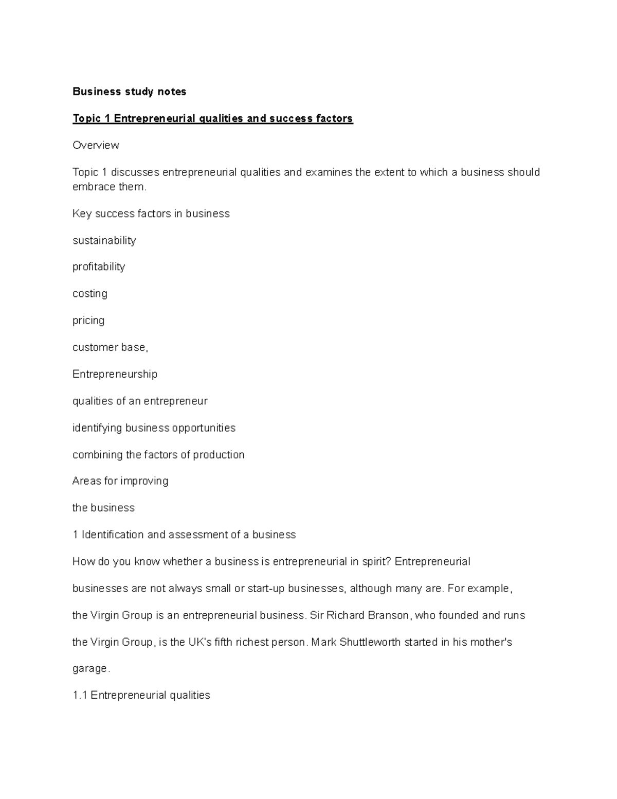 Business Study Notes: Topic 1 - Entrepreneurial Qualities & Success ...