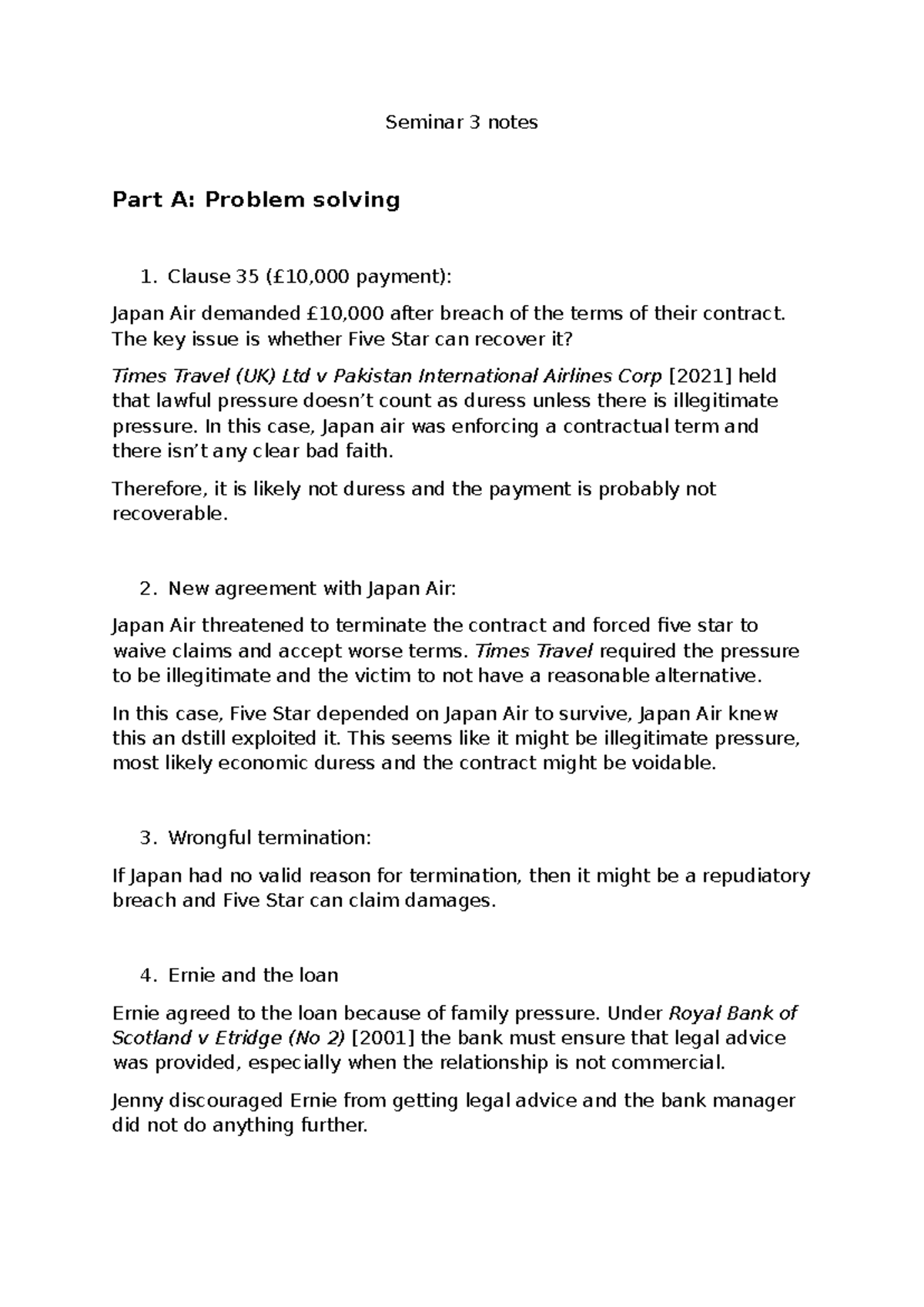 Seminar 3 Notes: Economic Duress & Contractual Issues Analysis - Studocu