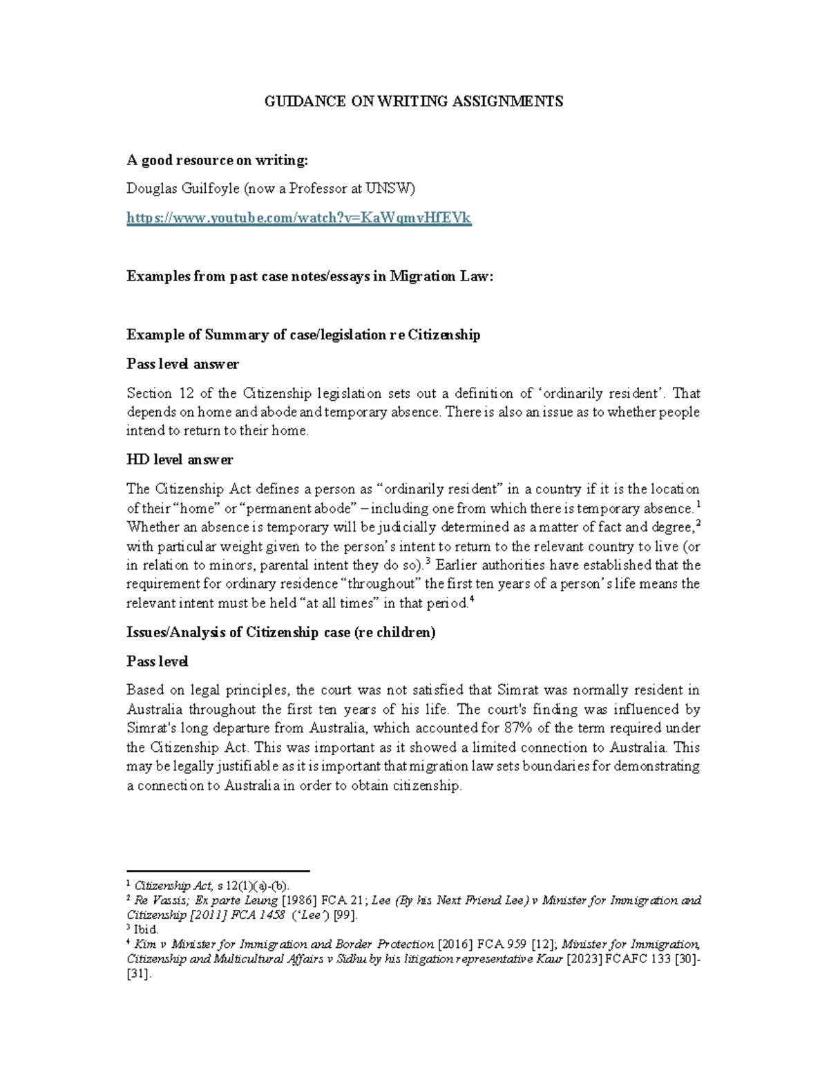 Guidance on writing - Case Note example refugee and migration law and ...
