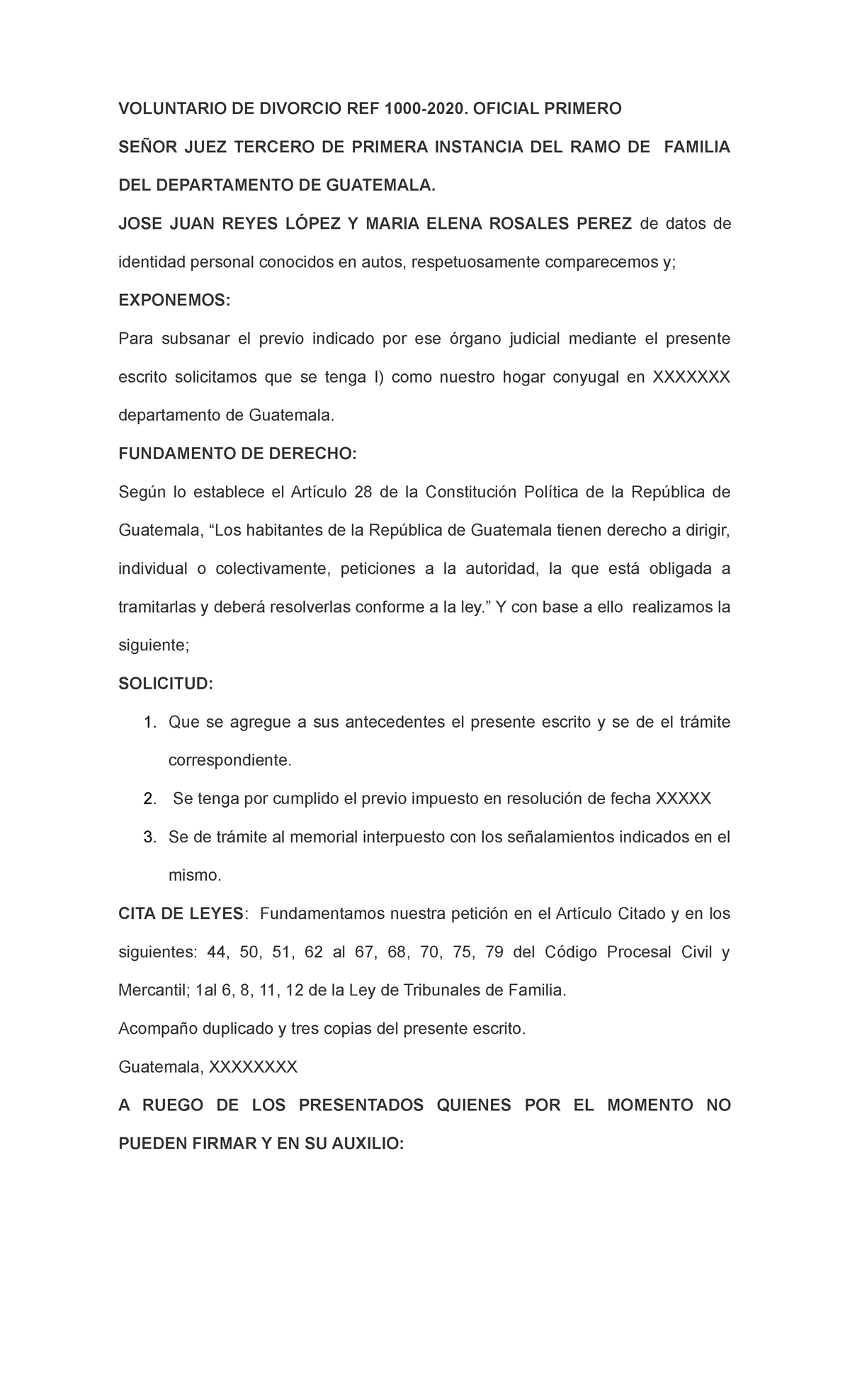 Memorial Subsanar Previo - Divorce Volunteer Case REF 1000-2020 - Studocu