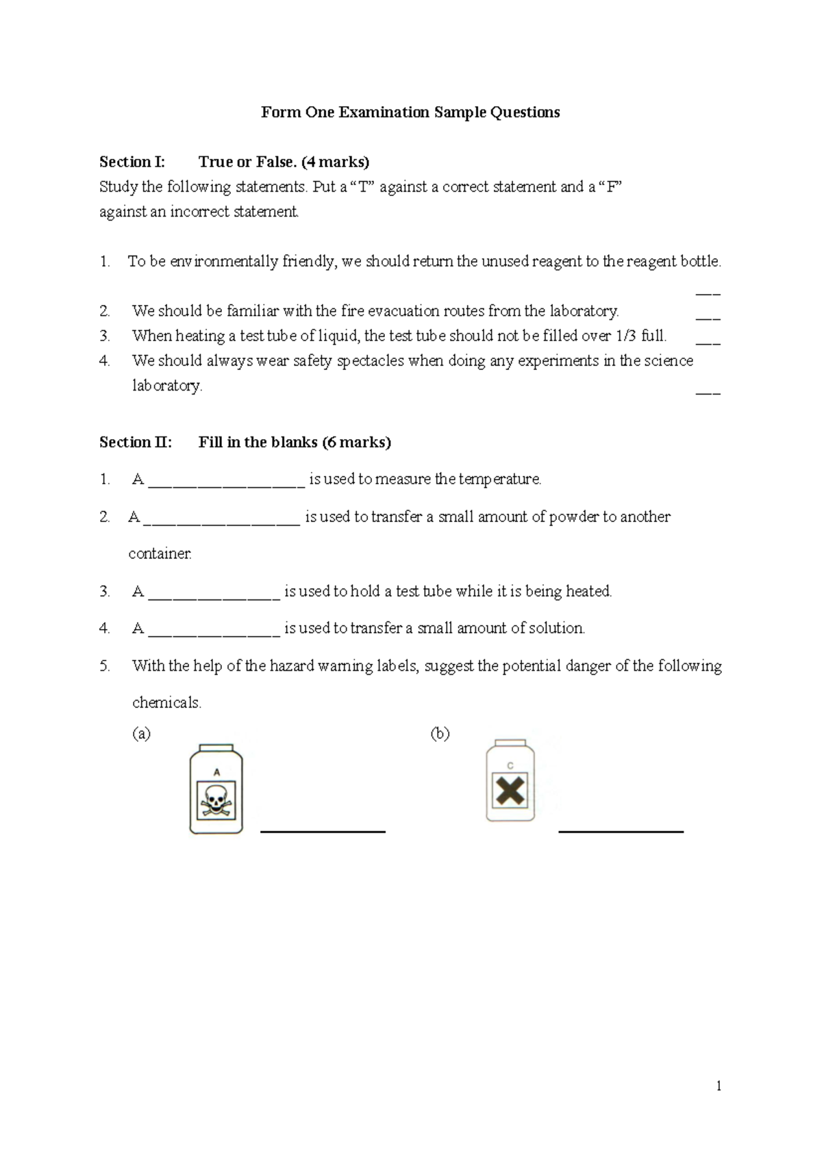Form One Exam Sample Questions: True/False, Fill in Blanks, MCQs - Studocu