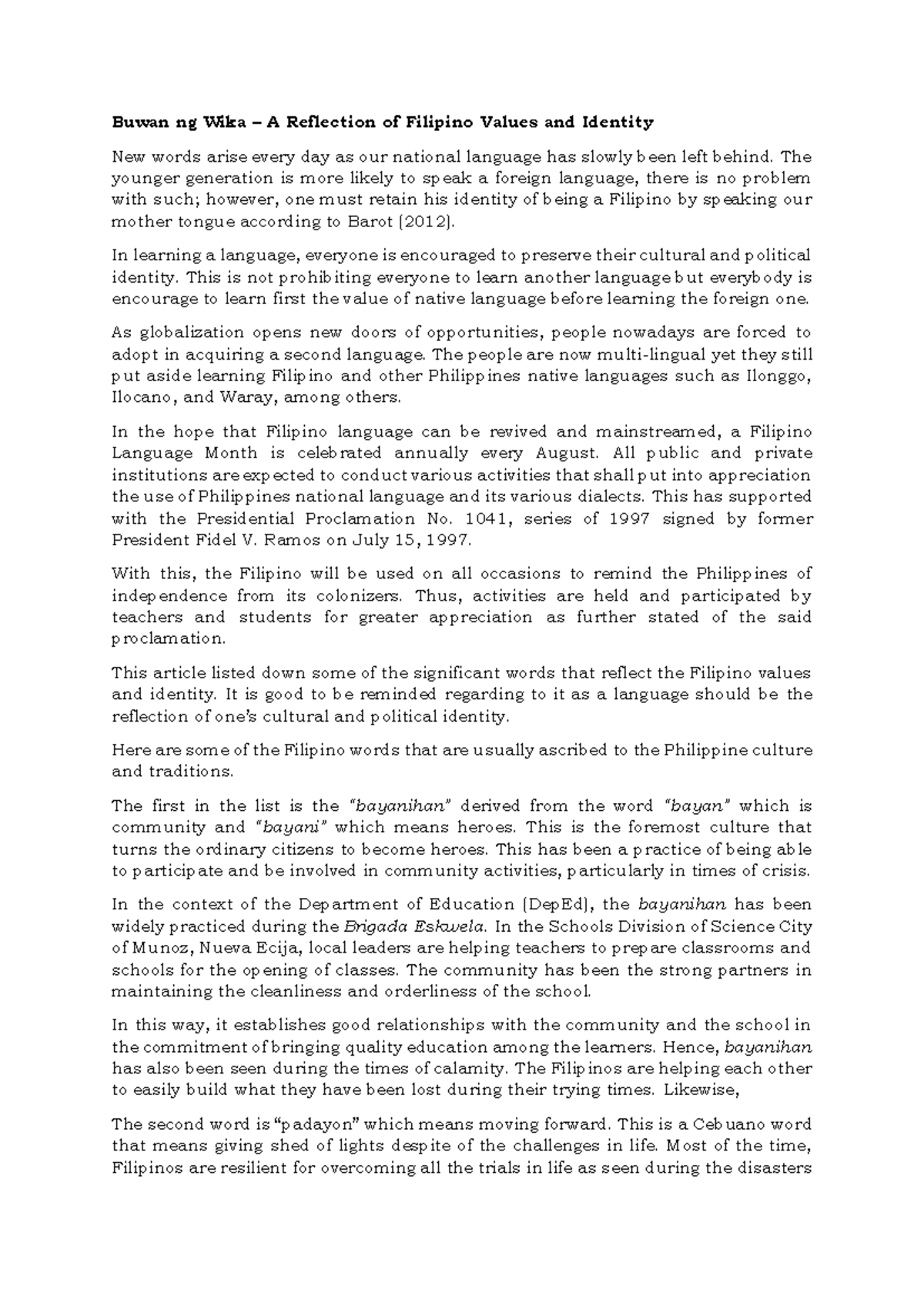 Buwan ng Wika: Reflection on Filipino Values & Identity Discussion ...