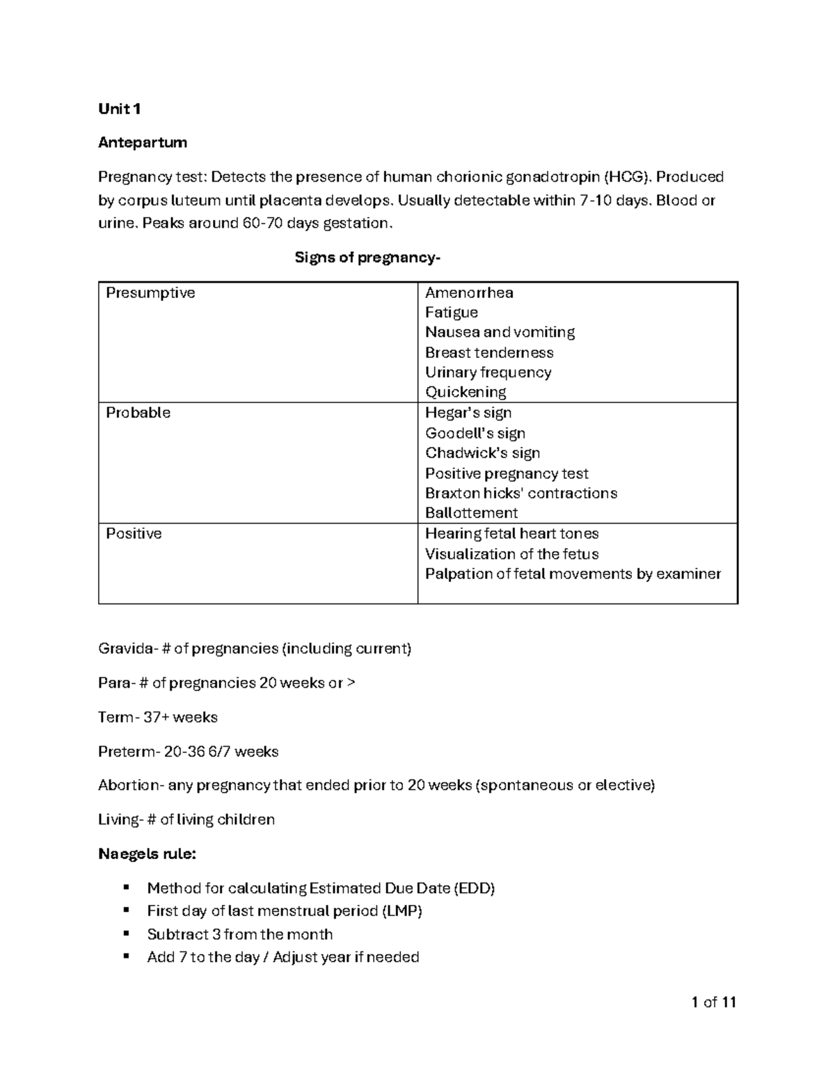 Mother Baby Exam 1-1: Antepartum Pregnancy Overview and Key Concepts ...
