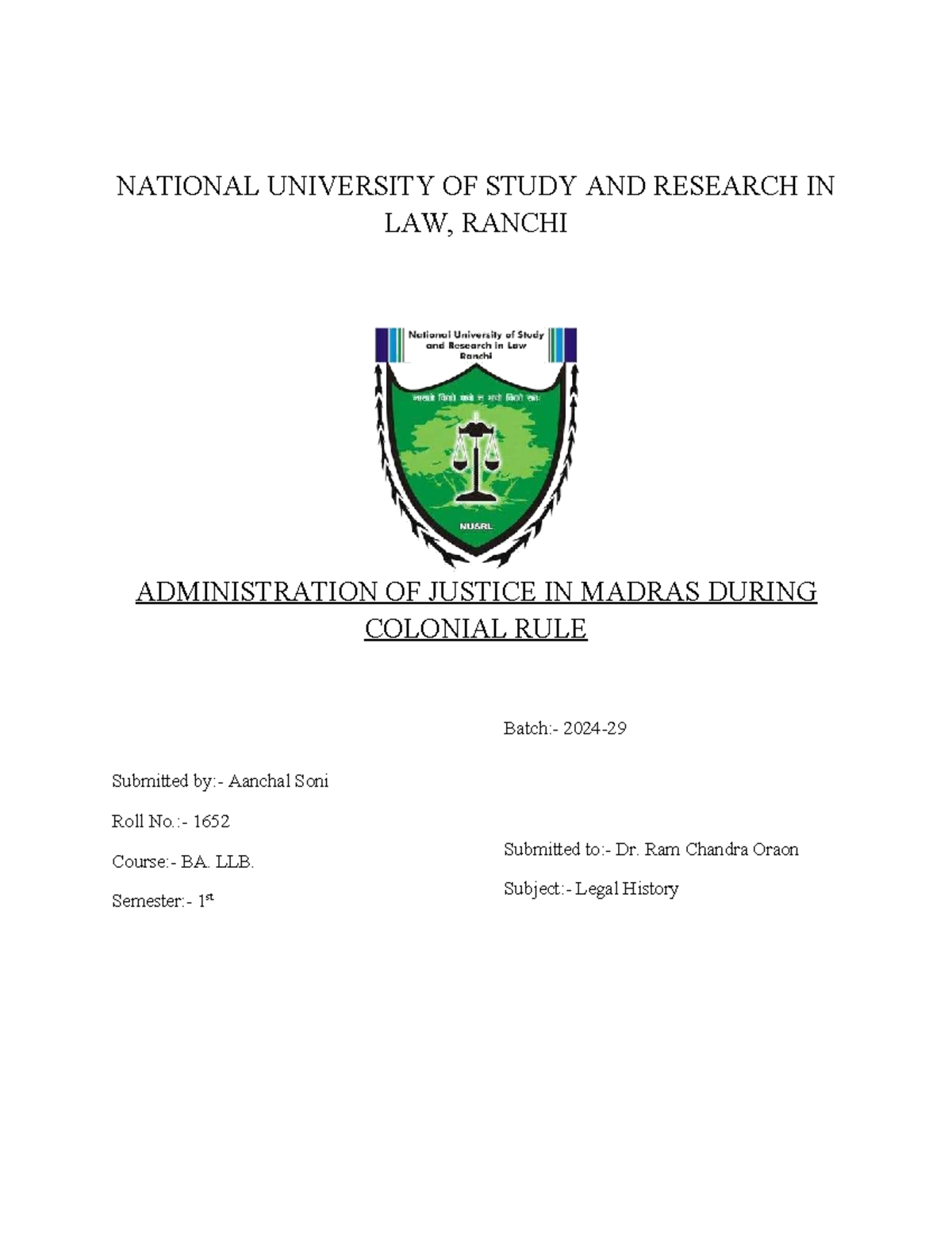 BA. LLB. Final Case Analysis: Colonial Justice in Madras - Studocu