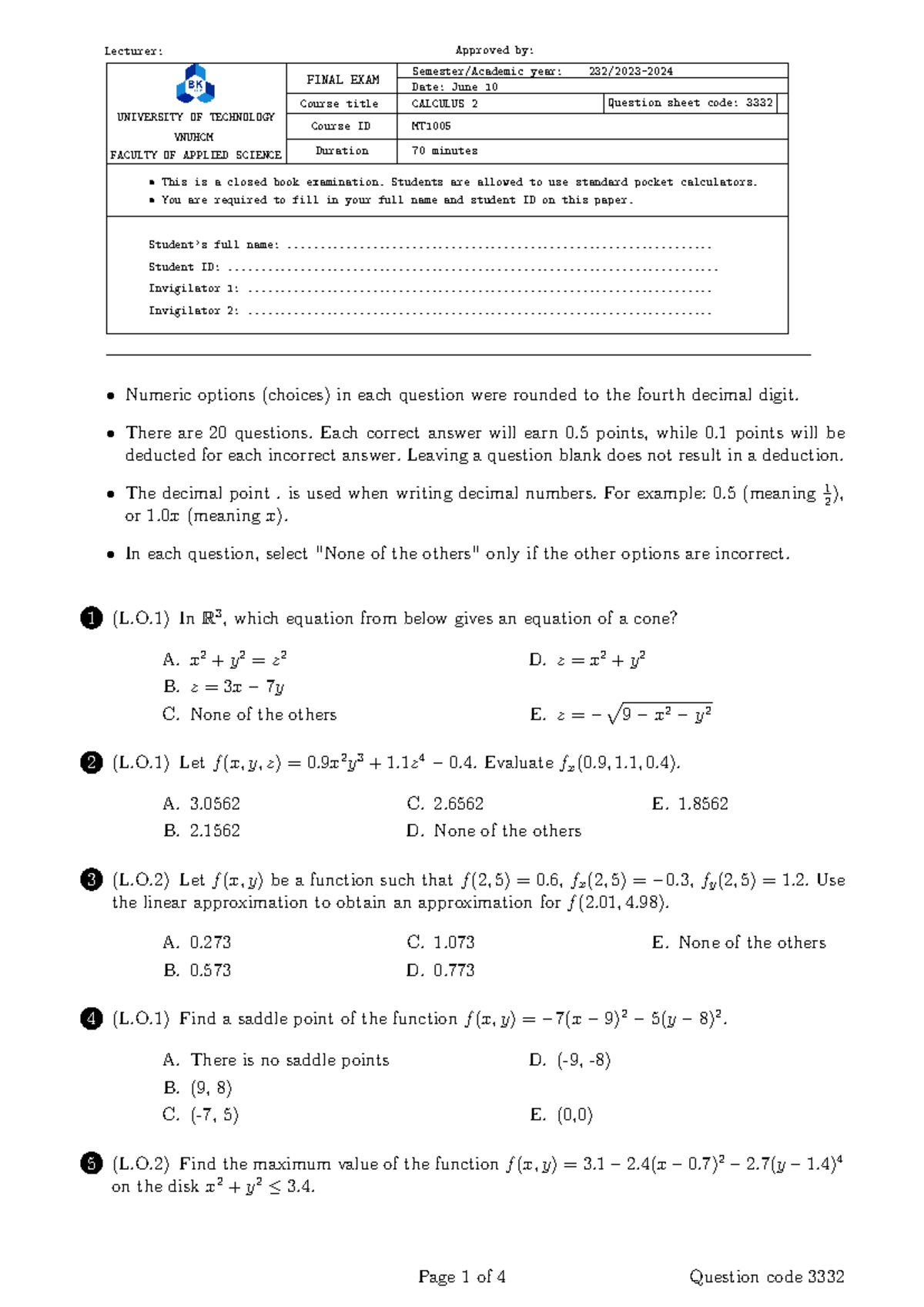 MT1005 - Calculus 2 Final Exam Question Sheet (June 10) - Studocu
