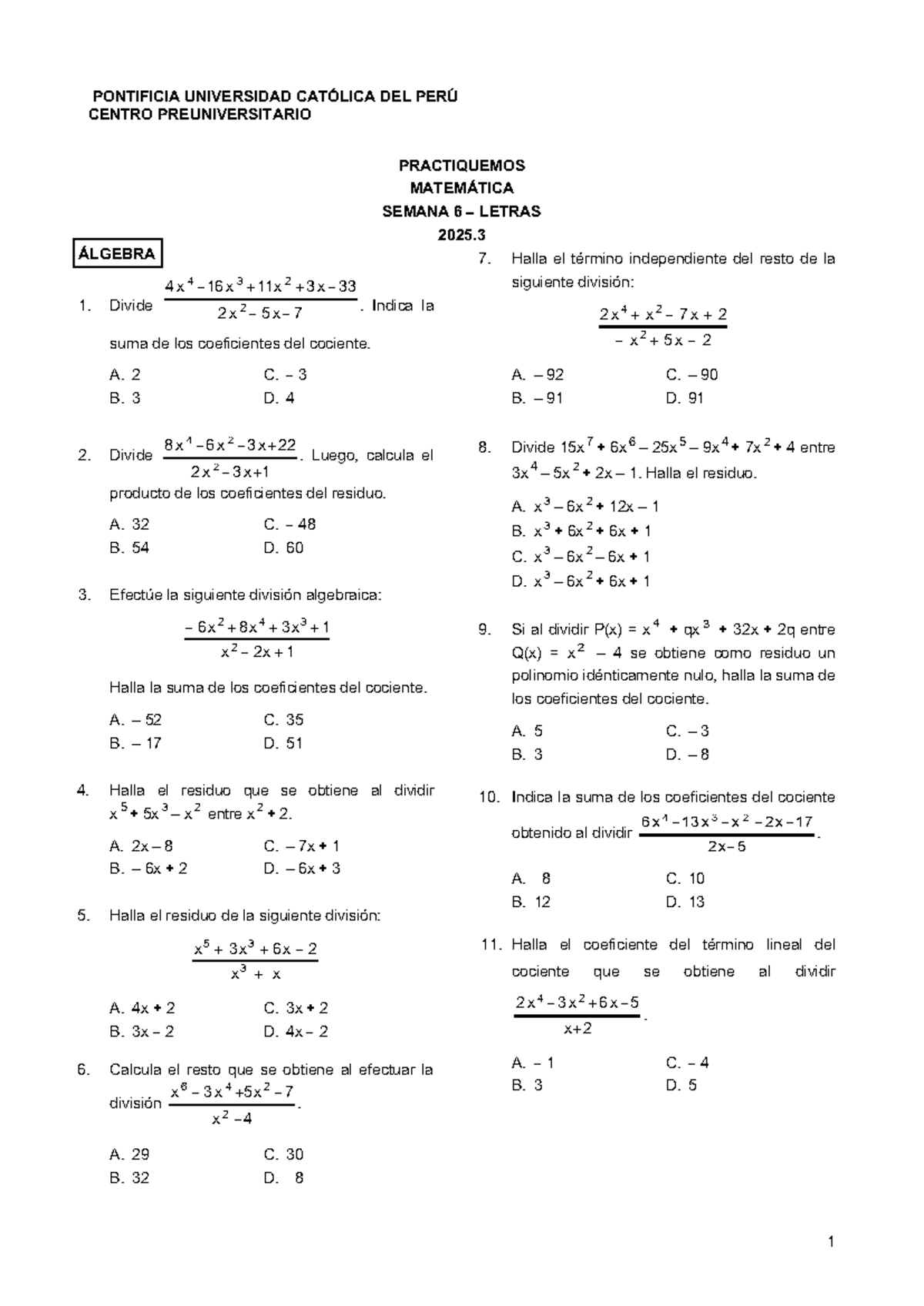 Practiquemos Matemática Semana 6 2025.3 - Ejercicios y Soluciones - Studocu