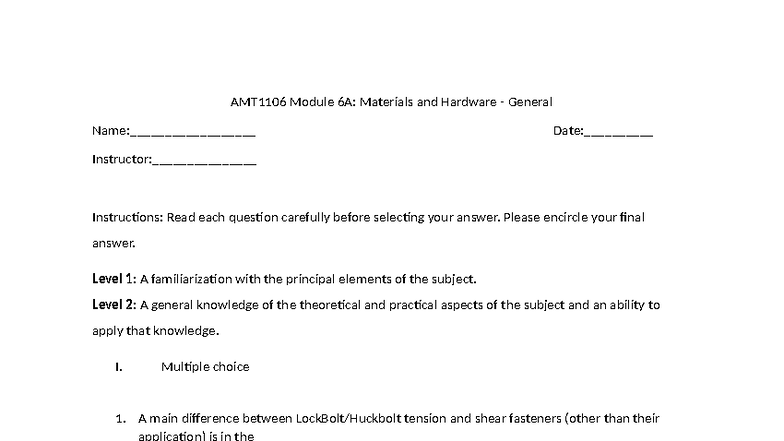 AMT1106 Module 6A: Fasteners Multiple Choice Questions - Studocu