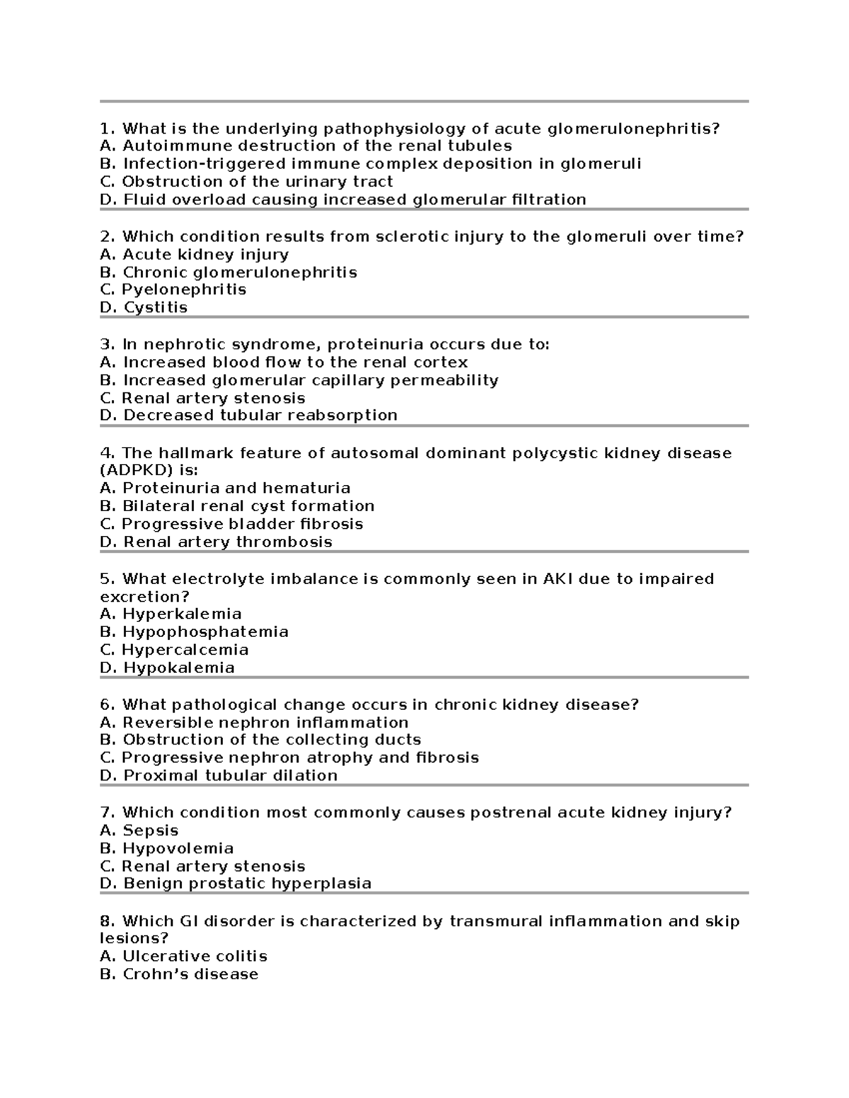 Practice Exam: Pathophysiology of Kidney and GI Disorders (MED 101 ...
