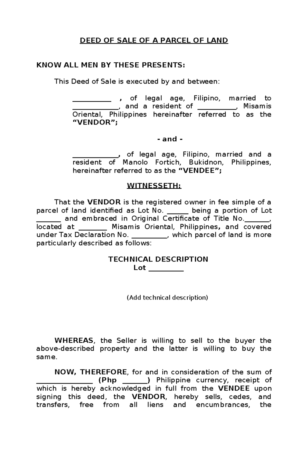 DEED OF SALE OF A PARCEL OF LAND - TEMPLATE - Studocu