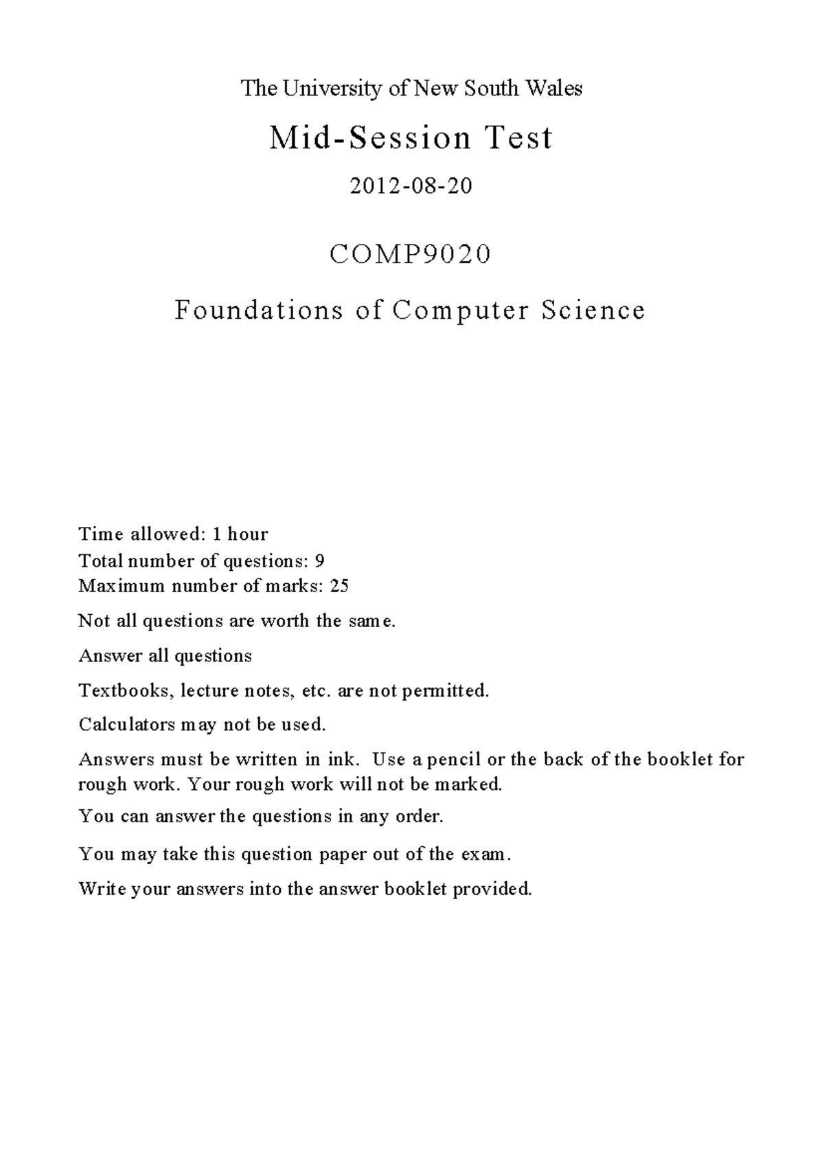 COMP9020 Final Exam: Foundations of Computer Science - Studocu
