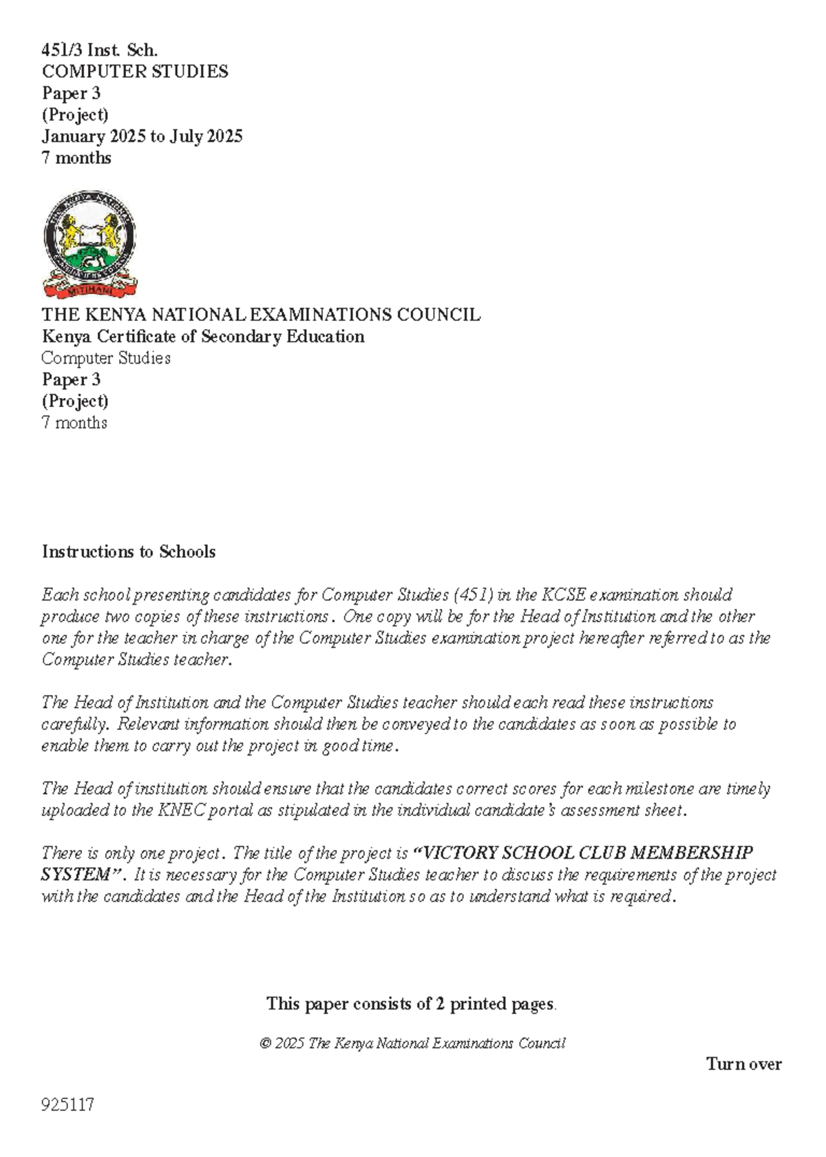 KCSE 451/3 Computer Studies Project Instructions to Schools - Studocu