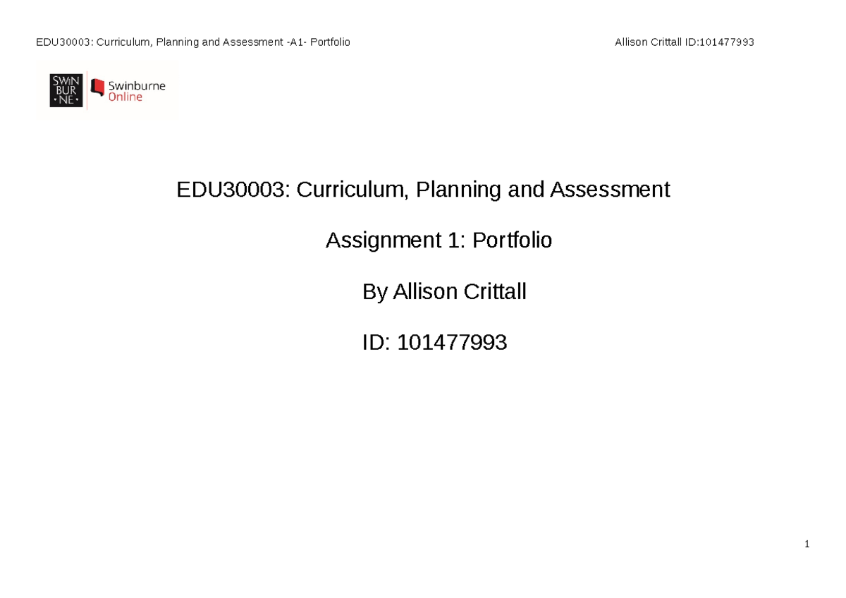 EDU30003 Portfolio - nbbbb - EDU30003: Curriculum, Planning and ...