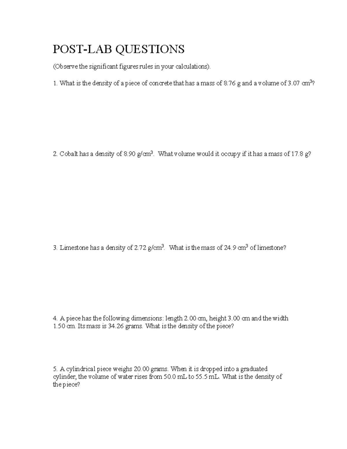 Post-Lab Questions on Density Calculations (CHEM 101) - Studocu