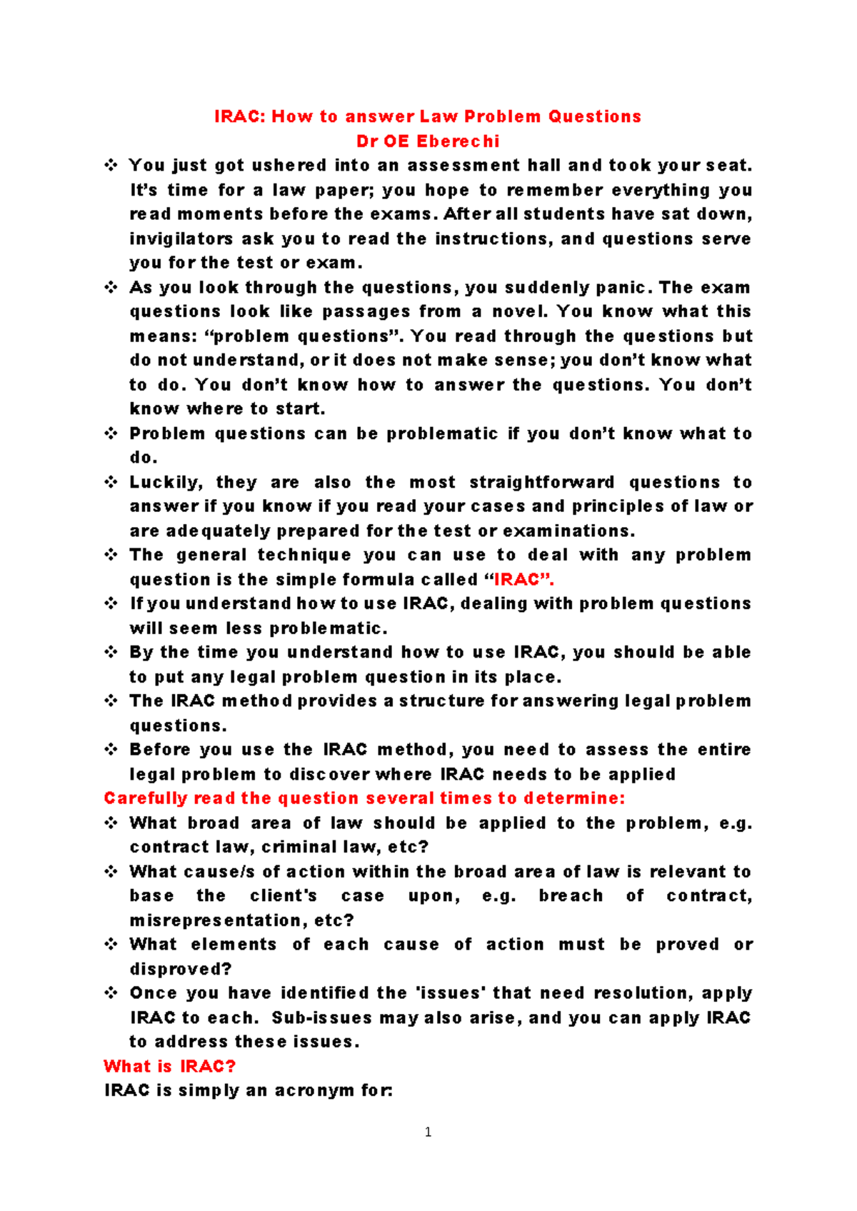 IRAC Method: A Guide to Answering Law Problem Questions (LAW 101) - Studocu