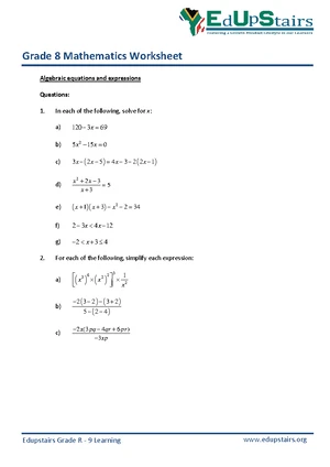 Grade 8 Math Worksheet: Algebraic Equations & Number Patterns - Studocu
