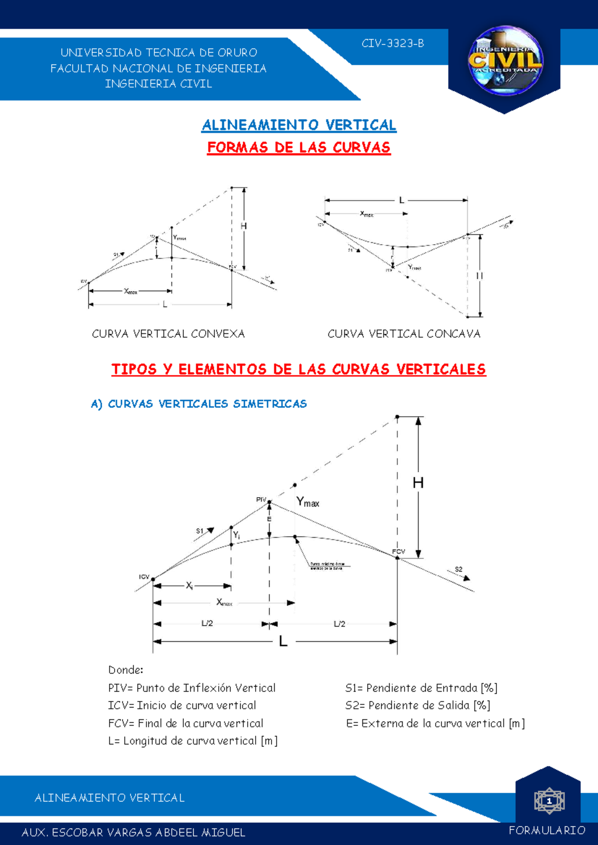 Formulario de Alineamiento Vertical - Ingeniería Civil (ING-101) - Studocu