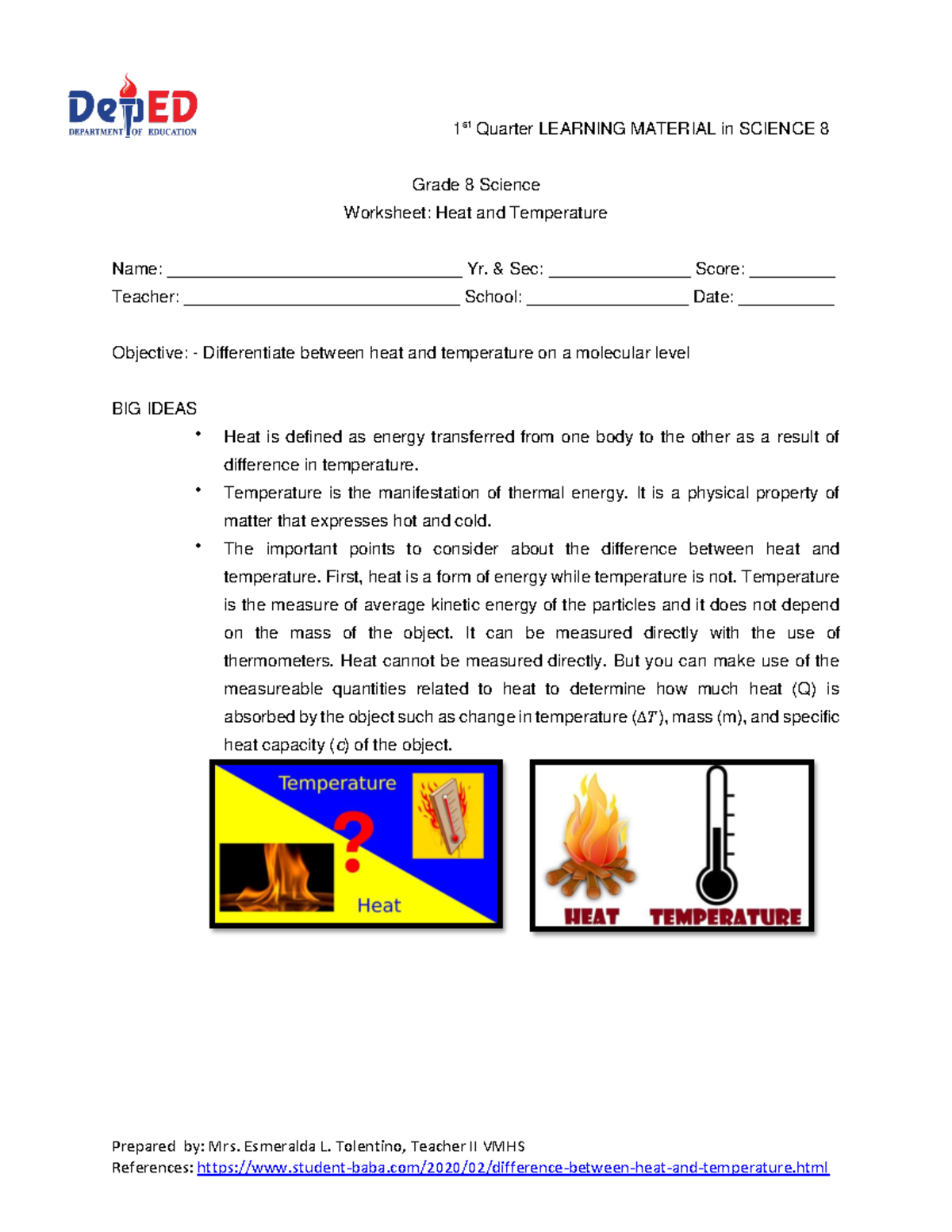 SCI8 W5 WS-5: Understanding Heat vs. Temperature - 1st Quarter ...