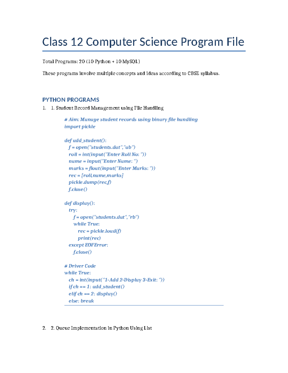 CBSE Class 12 Computer Science Program File: 20 Python & MySQL Codes ...