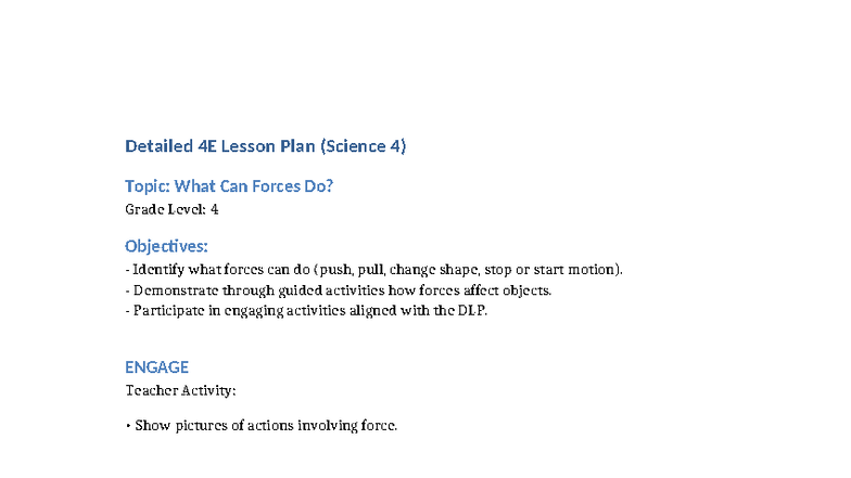 Forces 4E Lesson Plan (Science 4): Exploring Push and Pull Activities - Studocu