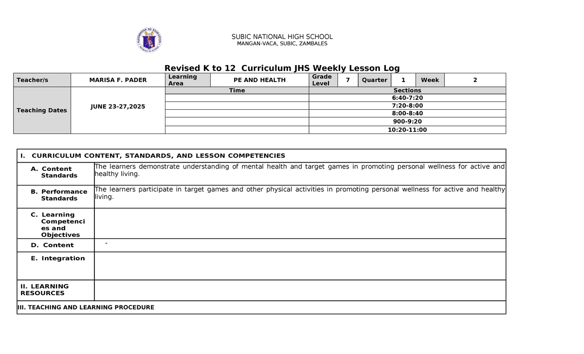 DLL Matatag Week 1 Health - Grade 7 PE & Health Lesson Plan - Studocu