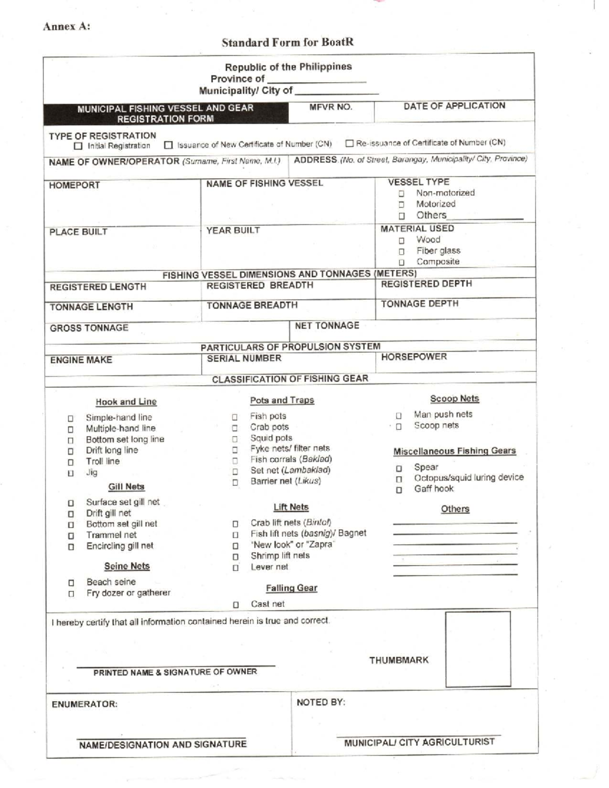 Boat Registration Form for Municipal Fishing Vessel - MFVR No. - Studocu