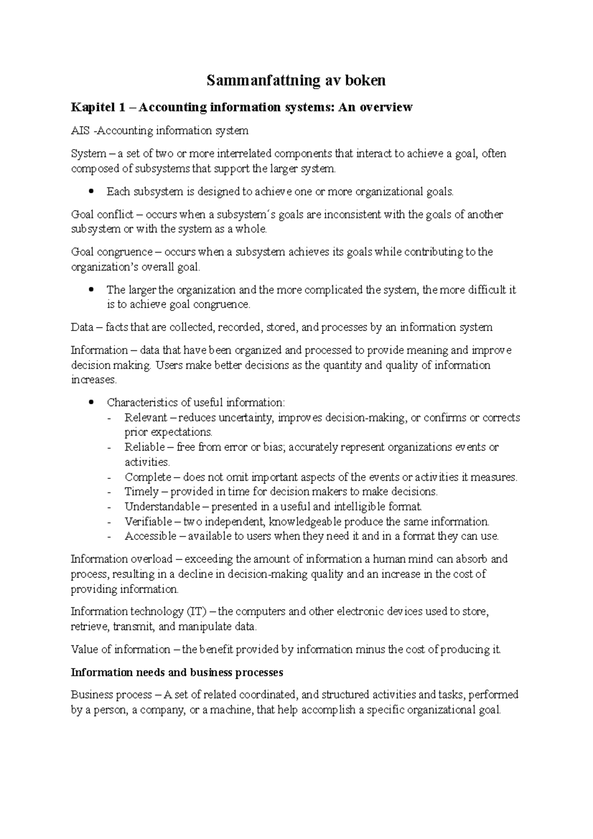 Sammanfattning AIS - Sammanfattning av boken Kapitel 1 – Accounting ...