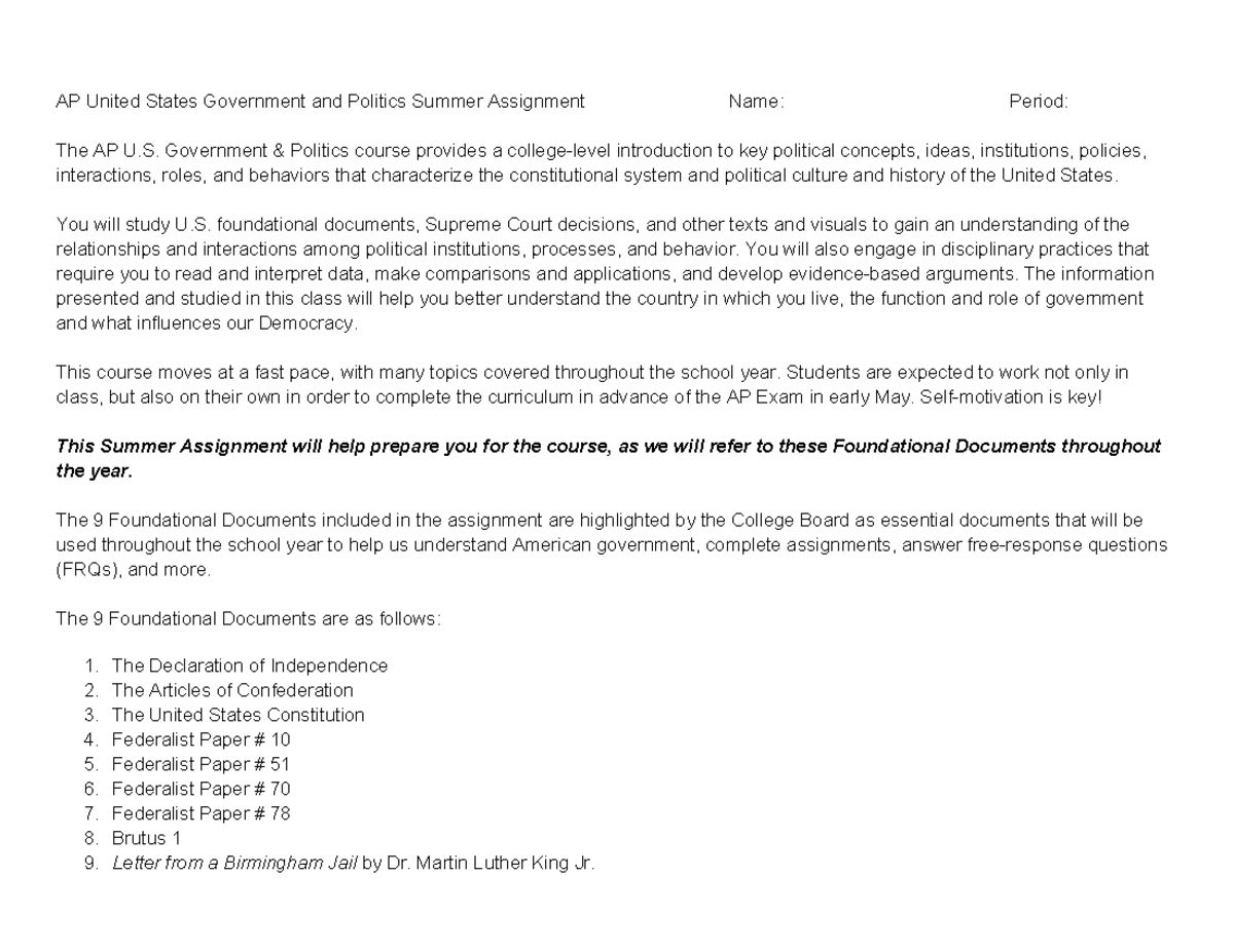 APGov Summer Assignment 2 - AP United States Government and Politics ...