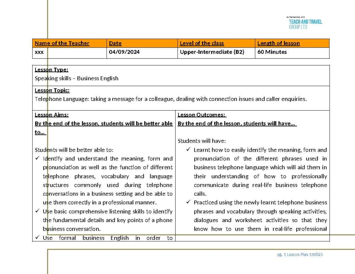 Assignment 2 - Grammar - Name of the Teacher Date Level of the class ...