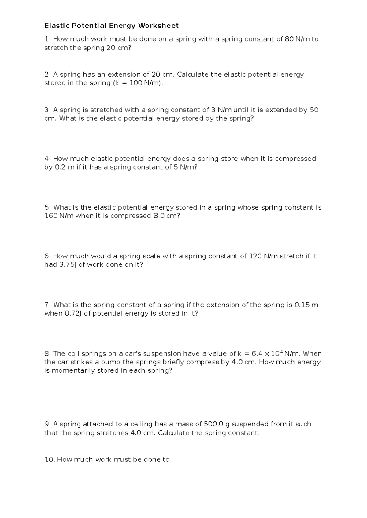 Elastic Potential Energy & Hooke's Law Worksheet (Physics 101) - Studocu