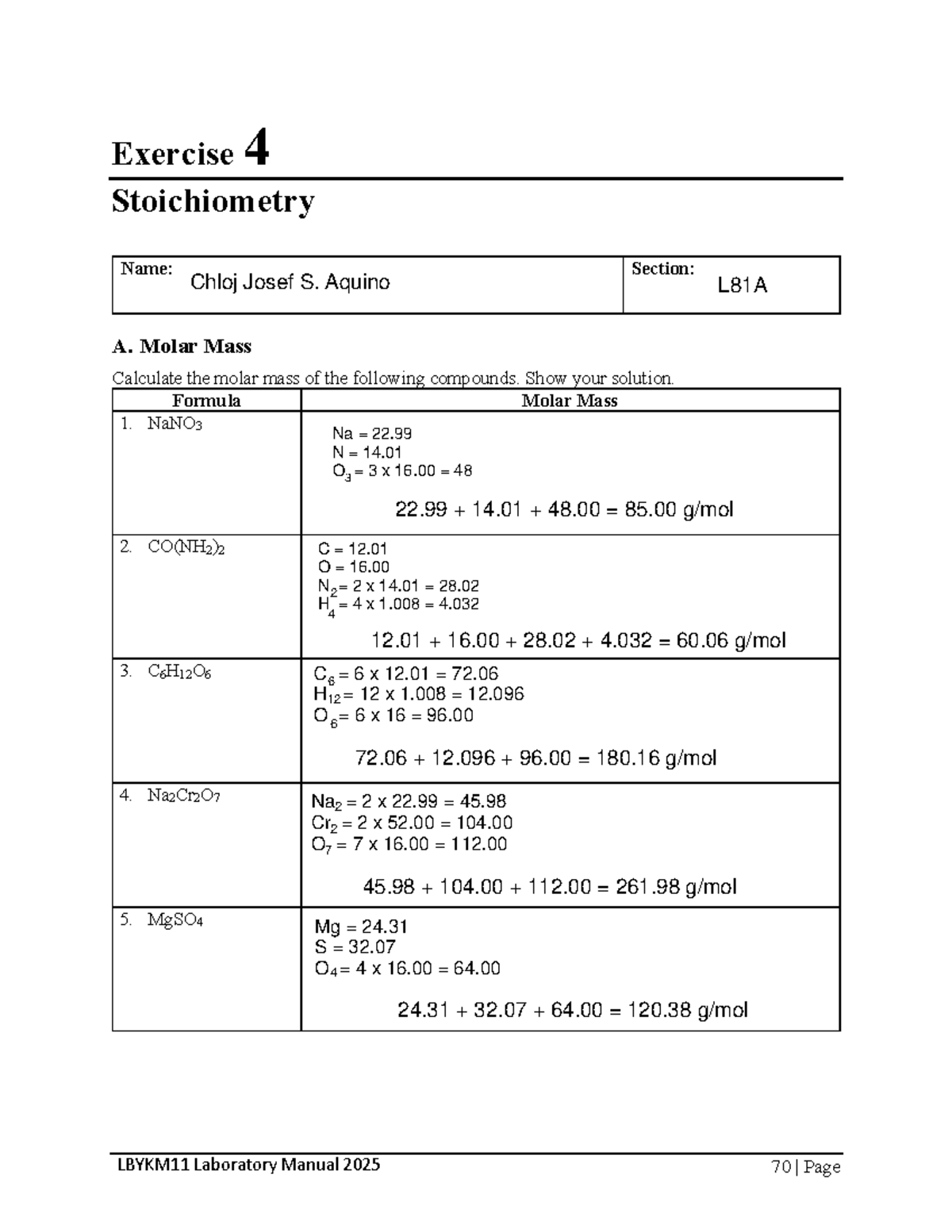 LKM11 Exercise 4: Stoichiometry Molar Mass & Mole Calculations - Studocu