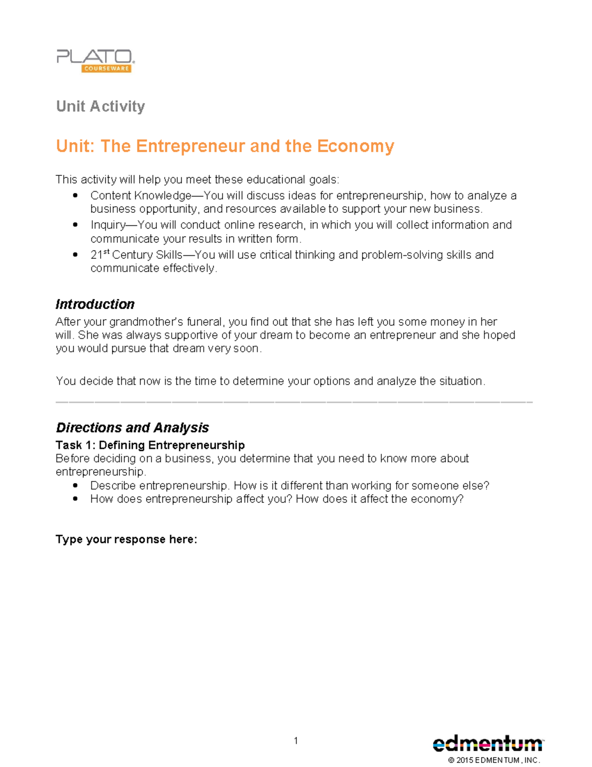 Unit Activity: The Entrepreneur and the Economy UA - Studocu