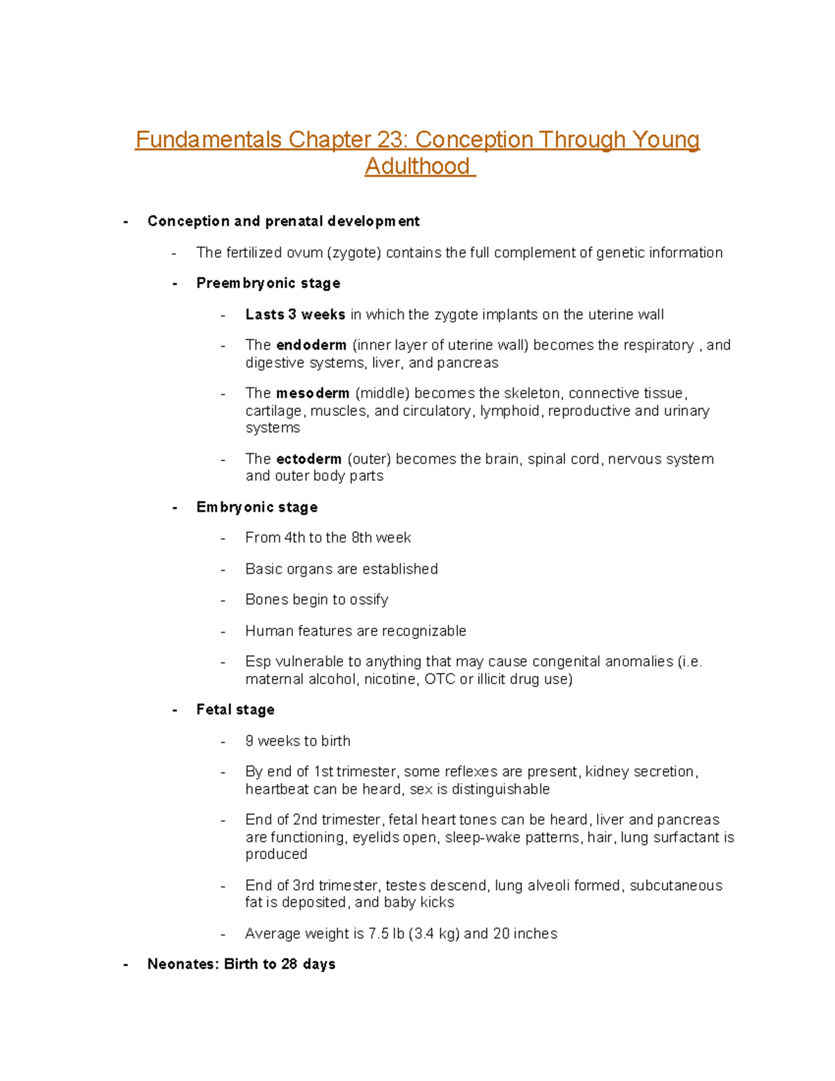 Fundamentals Chapter 23: Development from Conception to Young Adulthood - Studocu