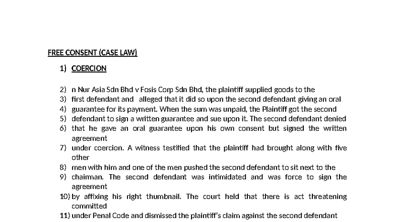 FREE Consent Cases: Coercion & Undue Influence in Law - Studocu