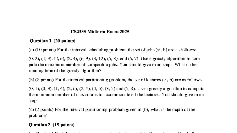 CS4335 Midterm Exam 2025: Interval Scheduling & Graph Algorithms - Studocu