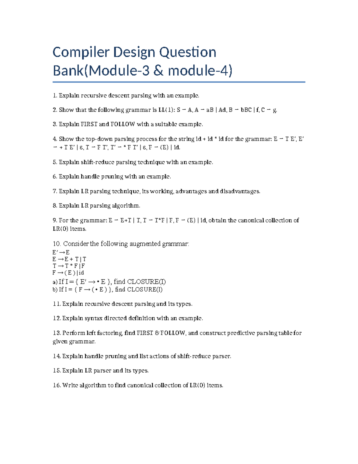 Compiler Design Question Bank: Recursive Descent & LR Parsing ...
